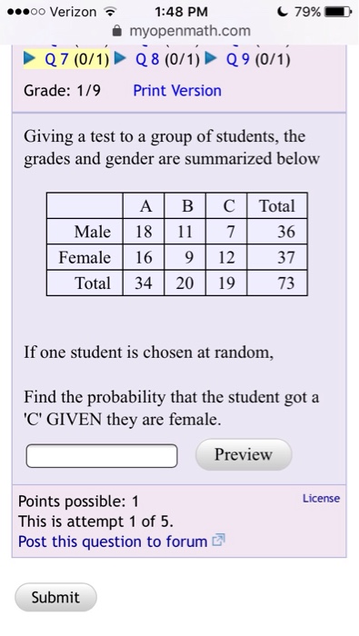 Solved oo Verizon 1:47 PM a myopenmath.com Grade: 1/9 Print | Chegg.com