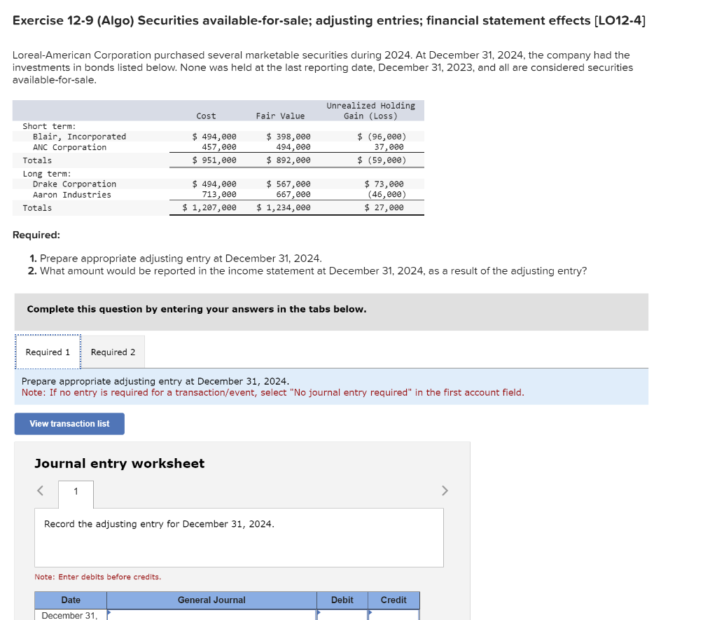 Solved Exercise 12-9 (Algo) Securities available-for-sale; | Chegg.com
