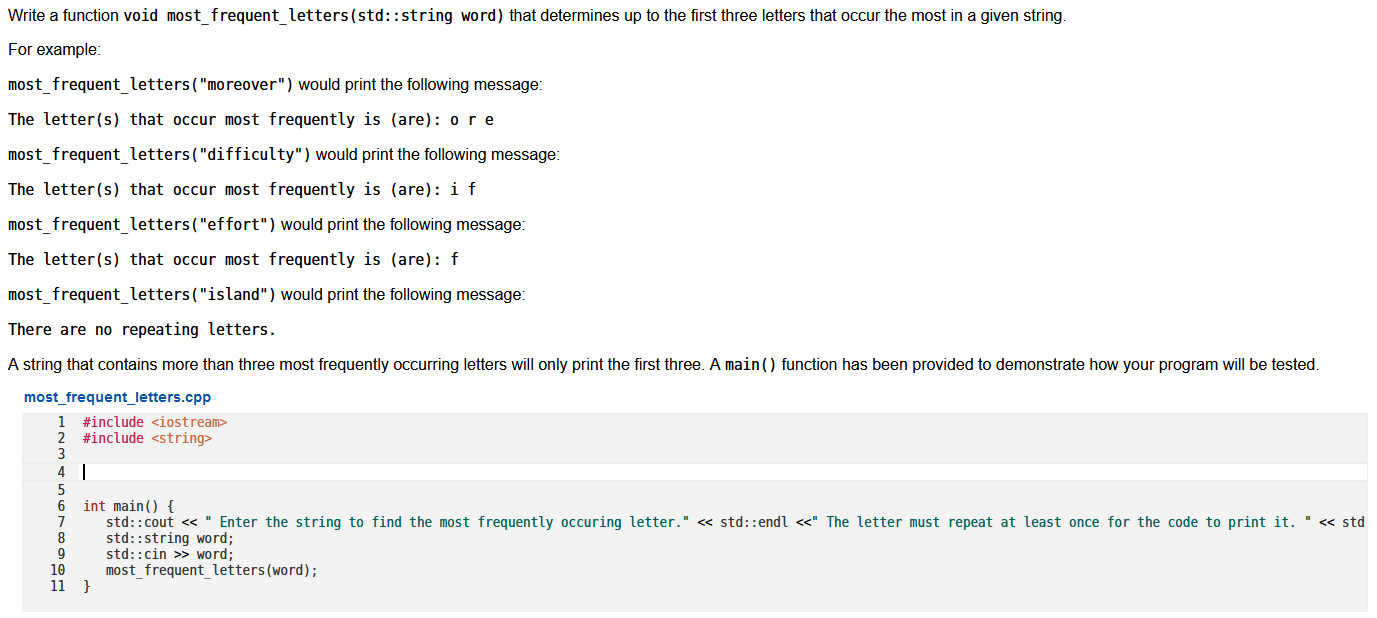 Solved Write A Function Void Mostfrequentletters Std 