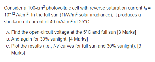 Solved Consider a 100-cm2 photovoltaic cell with reverse | Chegg.com