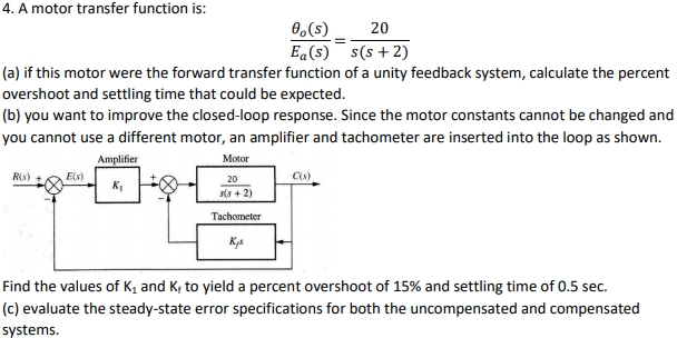 Solved 4. A motor transfer function is: 0. (s) 20 Ea(s) S(s | Chegg.com