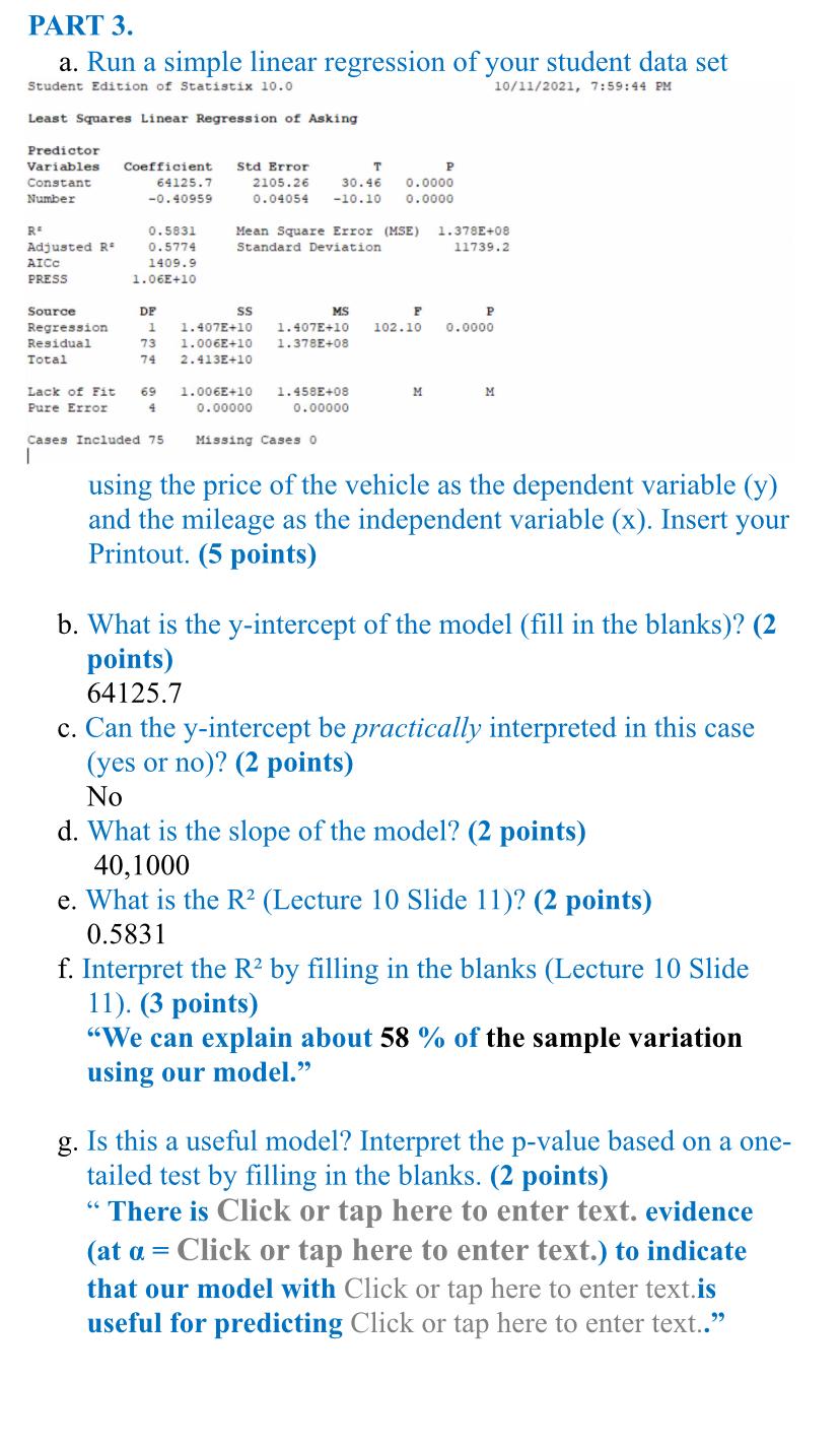 Solved PART 3. a. Run a simple linear regression of your | Chegg.com