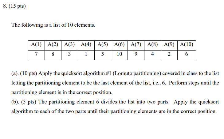 Solved 8.(15 pts) The following is a list of 10 elements. | Chegg.com