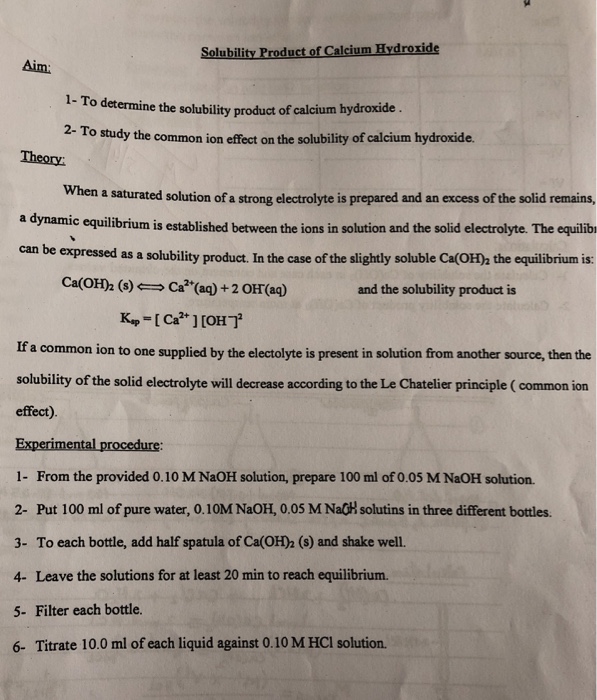 Solved Solubility Product of Calcium Hydroxide Aim 1- To | Chegg.com