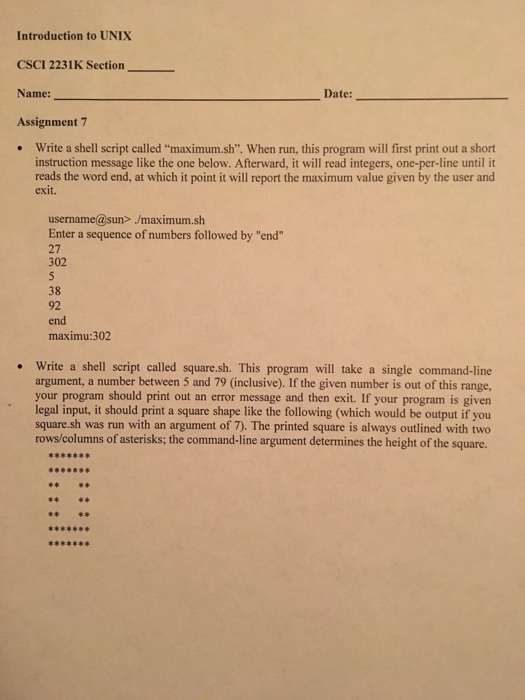 Solved Introduction to UNIX CSCI 2231K Section Name: | Chegg.com