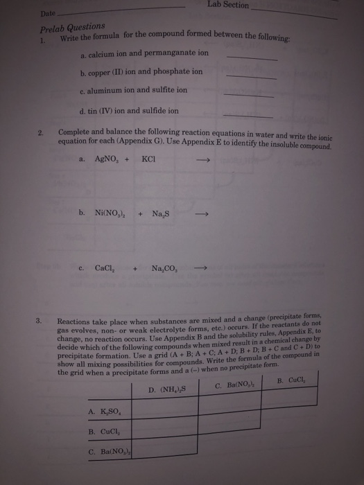 Solved Lab Section Date Prelab Questions 1. Write the formul | Chegg.com
