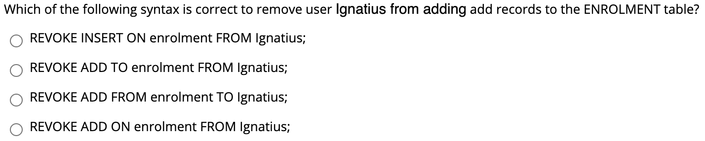 Solved Which of the following syntax is correct to remove | Chegg.com