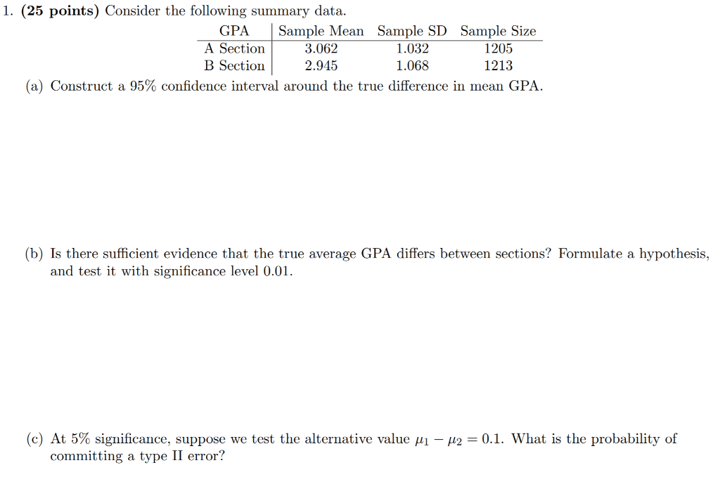 Solved 1. (25 points) Consider the following summary data. | Chegg.com