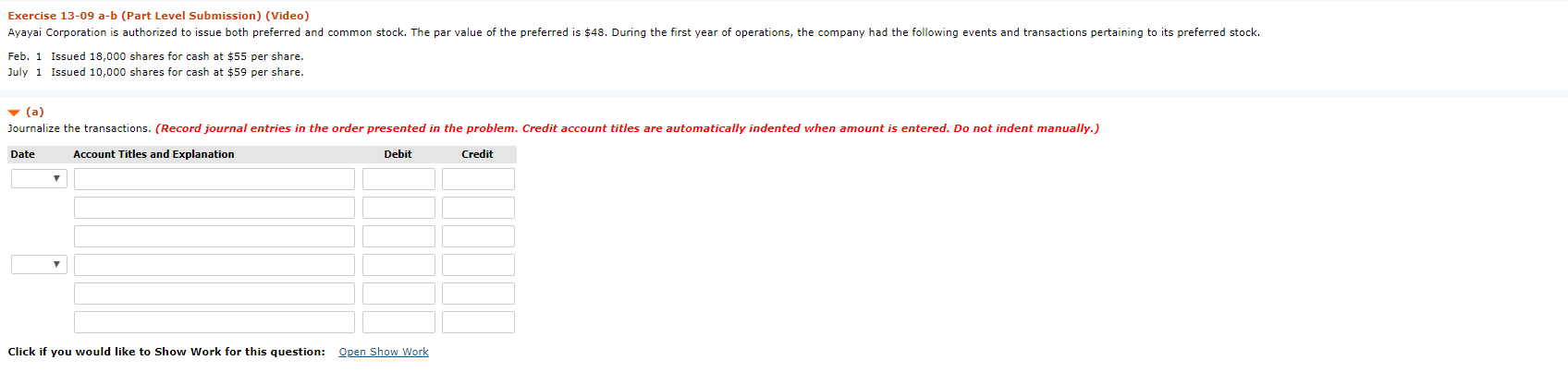 Solved Exercise 13-09 a-b (Part Level Submission) (Video) | Chegg.com