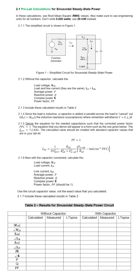 2.1 Pre-Lab Calculations for Sinusoidal Steady-State | Chegg.com