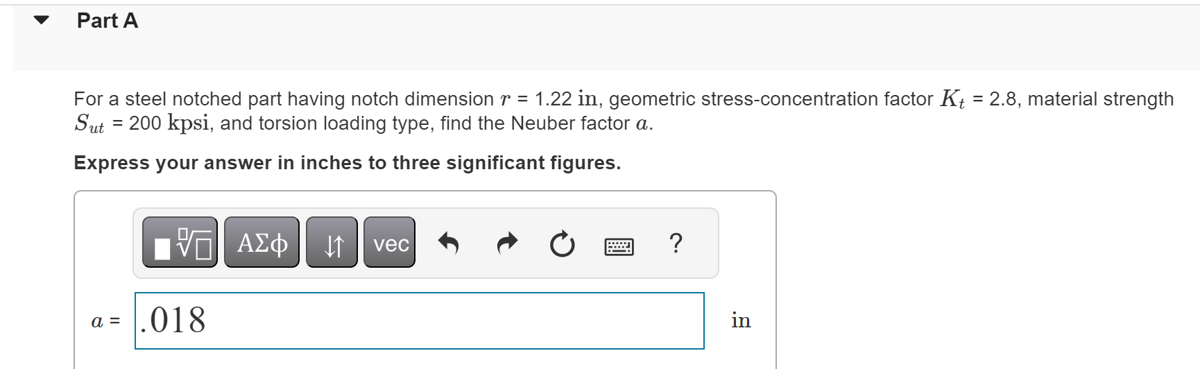 Solved For a steel notched part having notch dimension | Chegg.com