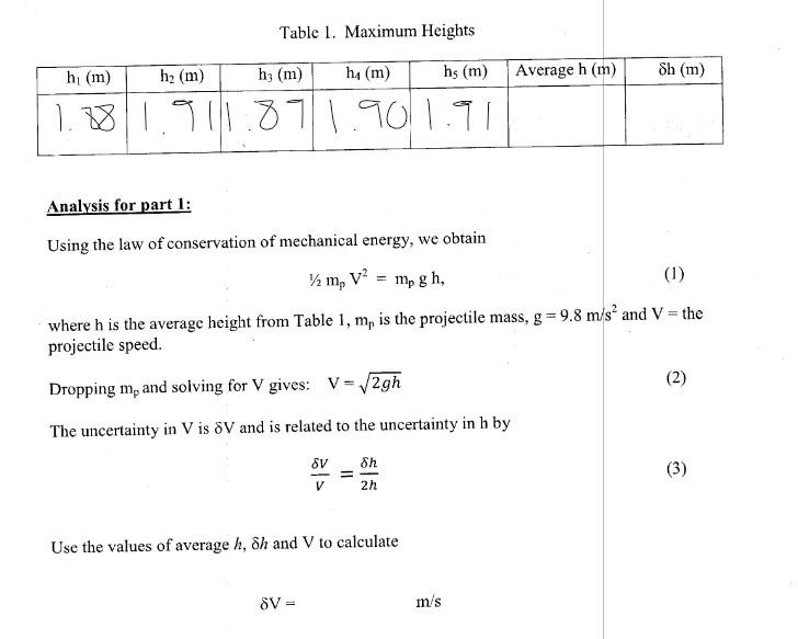 Solved Table 1. Maximum Heights h (m) hz (m) h3 (m) h (m) hs | Chegg.com