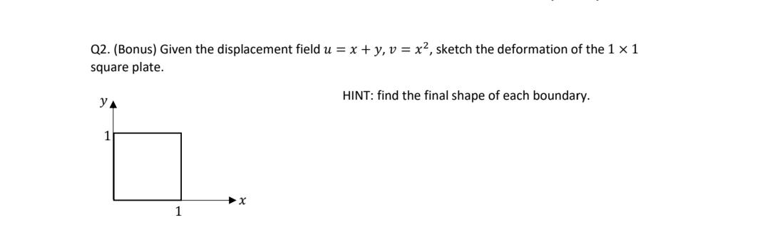 Solved Q2. (Bonus) Given the displacement field u=x+y,v=x2, | Chegg.com