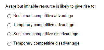 Solved A rare but imitable resource is likely to give rise | Chegg.com