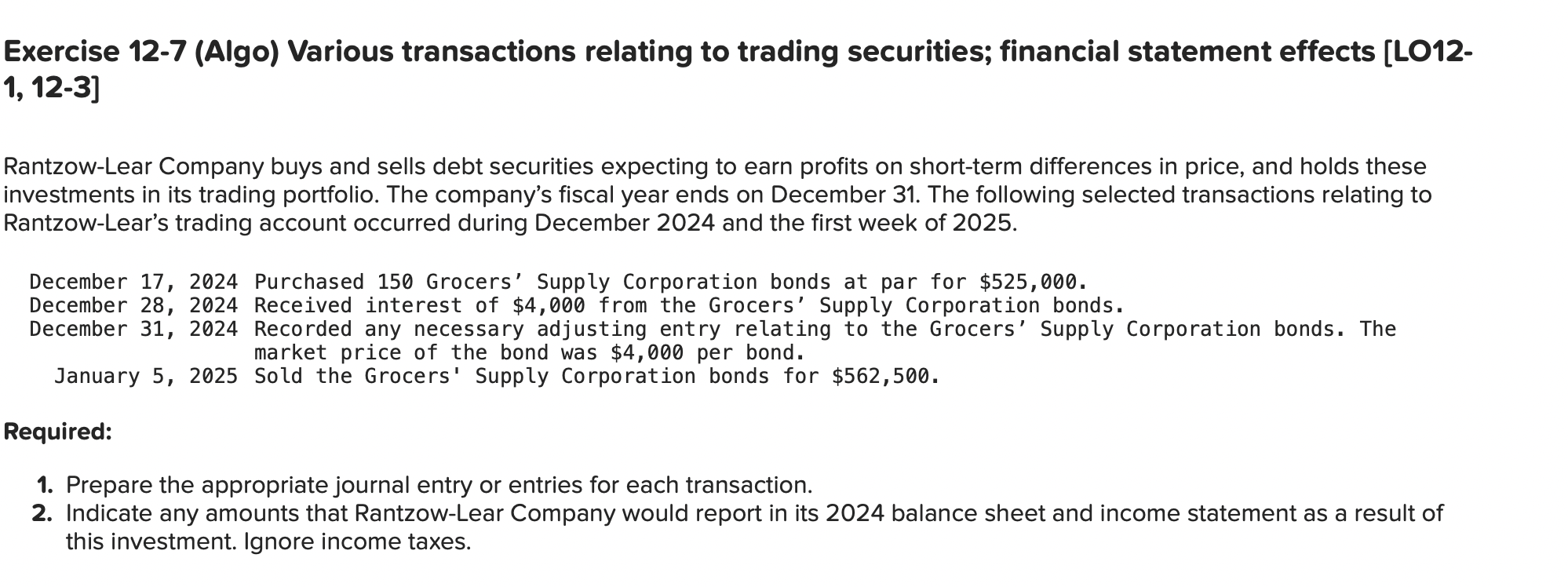 Solved Exercise 12-7 (Algo) Various transactions relating to | Chegg.com