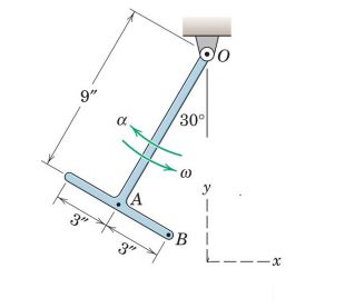 Solved The T-shaped arm is rotates about an axis through | Chegg.com