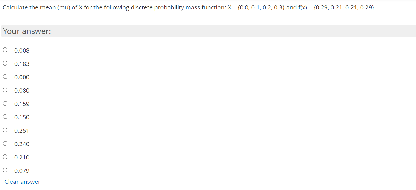 Solved Calculate the mean (mu) of X for the following | Chegg.com