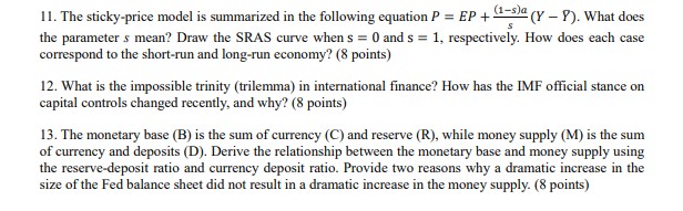 Solved 11. The sticky-price model is summarized in the | Chegg.com