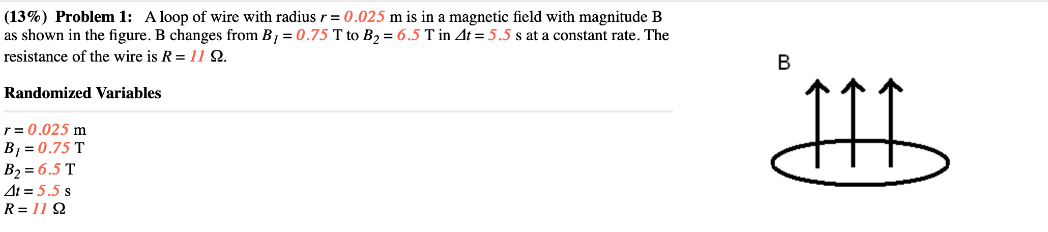 Solved (13%) Problem 1: loop of wire with radius r = 0.025 m | Chegg.com