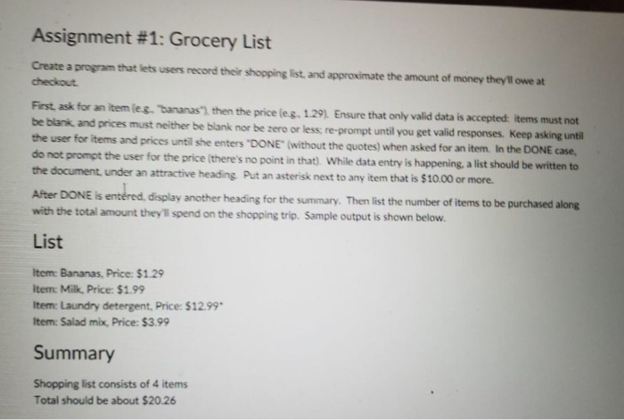 Assignment 1 Grocery List Create A Program That Chegg