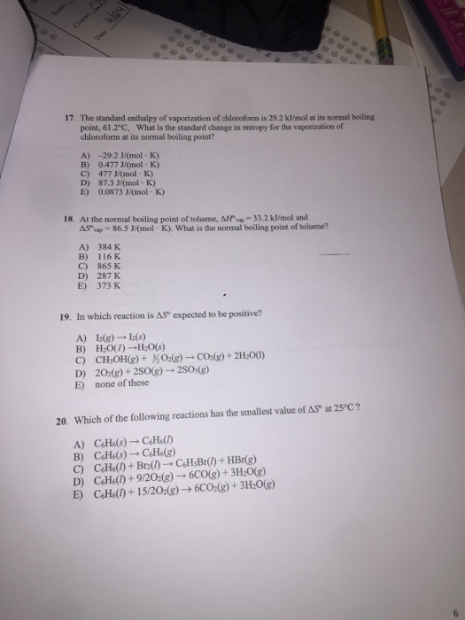 Solved The standard enthalpy of vaporization of chloroform | Chegg.com