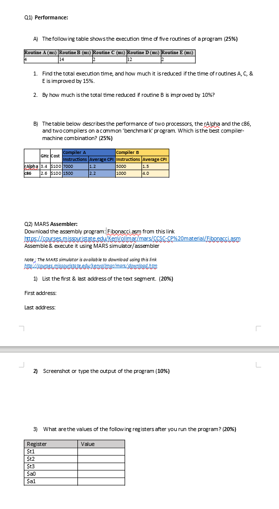 Solved Q1) ﻿Performance:A) ﻿The following table shows the | Chegg.com