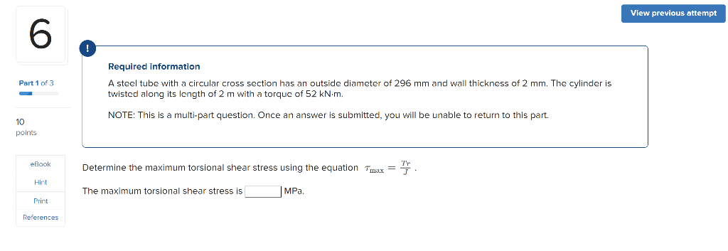 Solved View previous attempt 6 Part 1 of 3 Required | Chegg.com