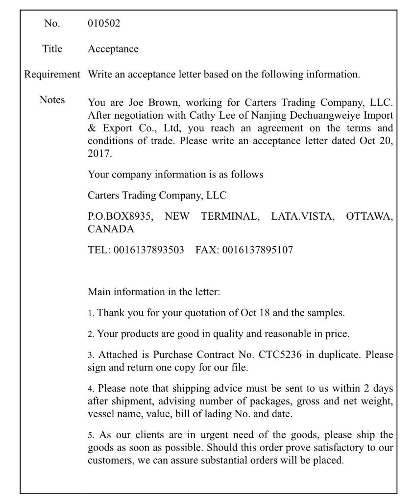 Solved 010502 Acceptance nt Write an acceptance letter based | Chegg.com