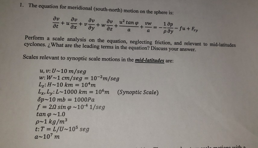 1. The equation for meridional (south-north) motion | Chegg.com