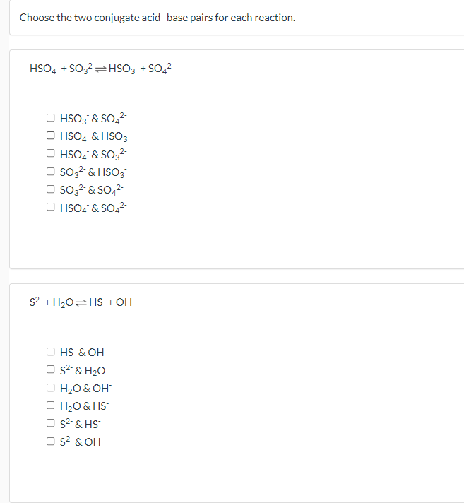 Solved Choose the two conjugate acid-base pairs for each | Chegg.com