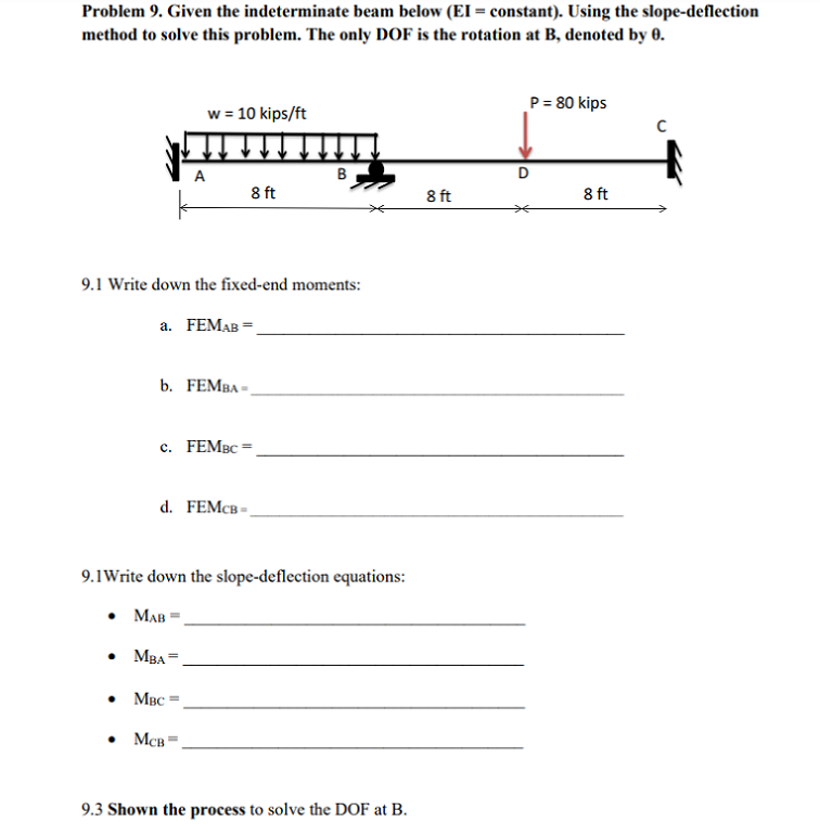 Solved Problem 9. Given the indeterminate beam below (EI = | Chegg.com