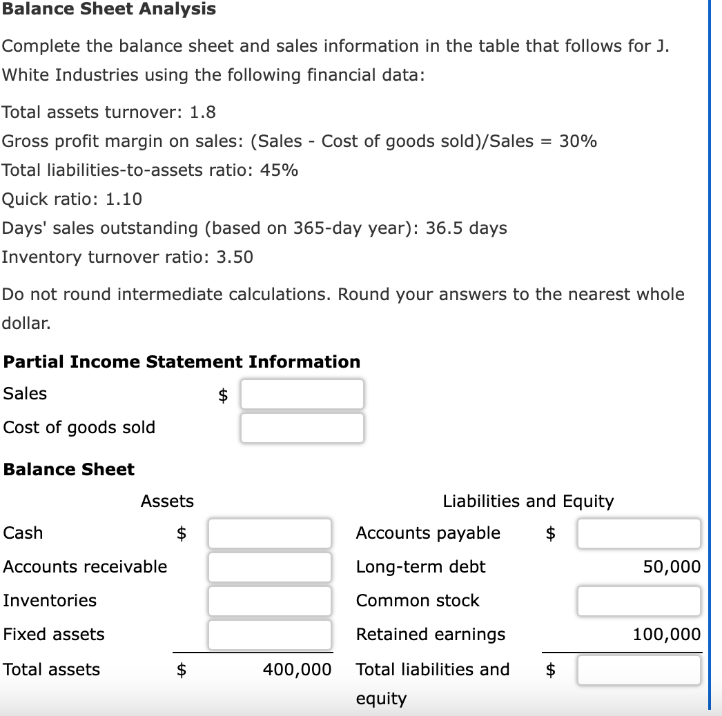 Solved Balance Sheet Analysis Complete the balance sheet and | Chegg.com