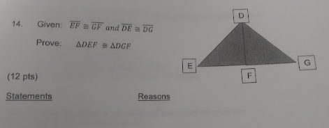 Solved D 14. Given: EF GF and DE DG Prove: ADEF ADGF E G (12 | Chegg.com