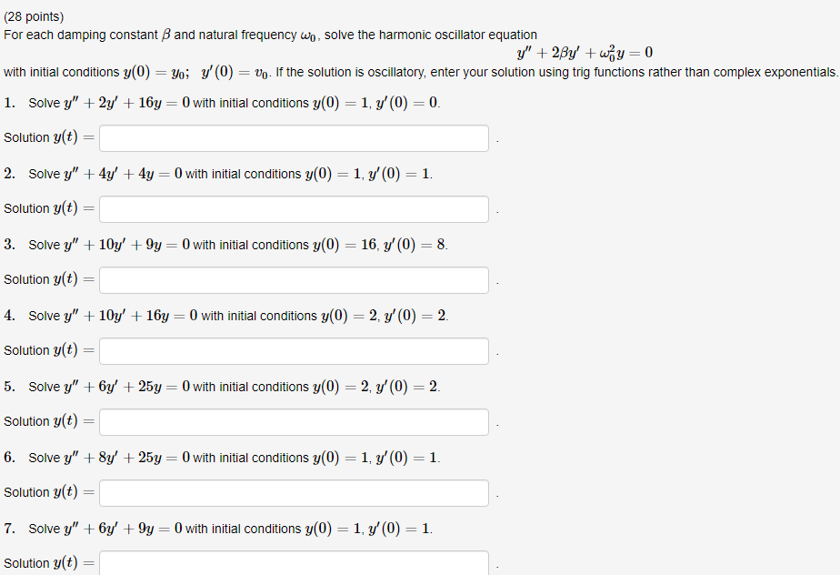 Solved 28 points) For each damping constant β and natural | Chegg.com