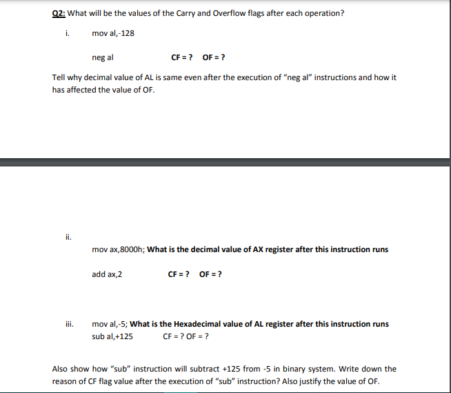 Solved Q2: What will be the values of the Carry and Overflow | Chegg.com