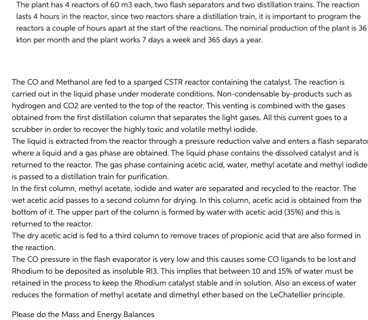 Solved methanol carbonylation process for acetic acid | Chegg.com