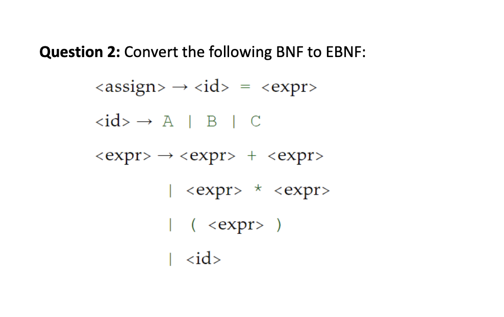 Solved Question 2: Convert the following BNF to EBNF: → = | Chegg.com