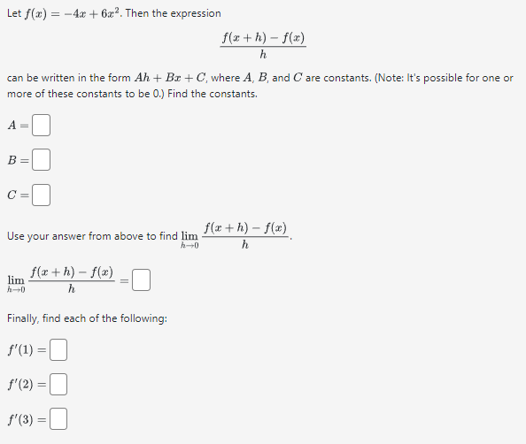 Solved Let f(x)=−4x+6x2. Then the expression hf(x+h)−f(x) | Chegg.com