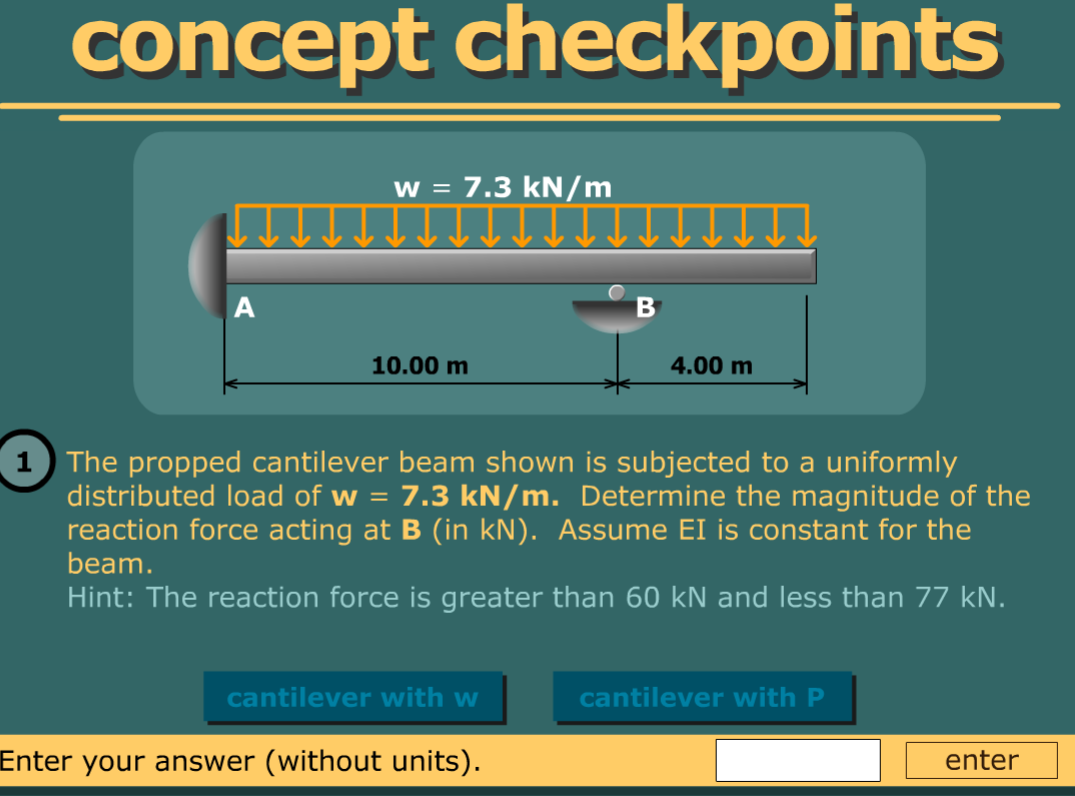 Solved concept checkpoints W = 7.3 kN/m A B 10.00 m 4.00 m 1 | Chegg.com