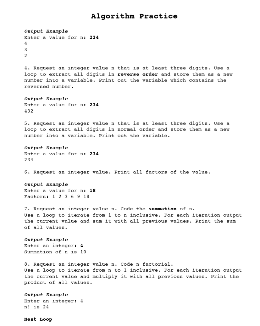 Solved Algorithm Practice Output Example Enter A Value For 0505
