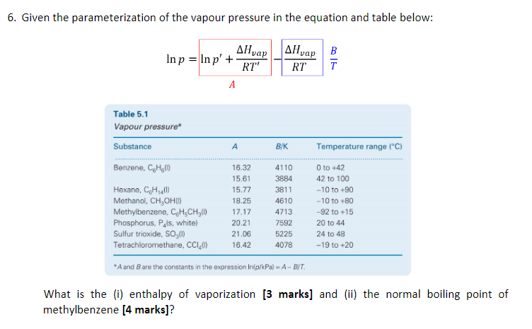 Solved 6. Given the parameterization of the vapour pressure | Chegg.com