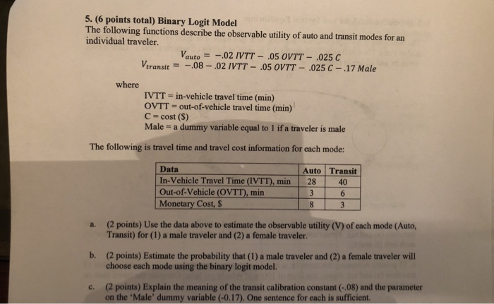 Solved 5. (6 points total) Binary Logit Model The following | Chegg.com