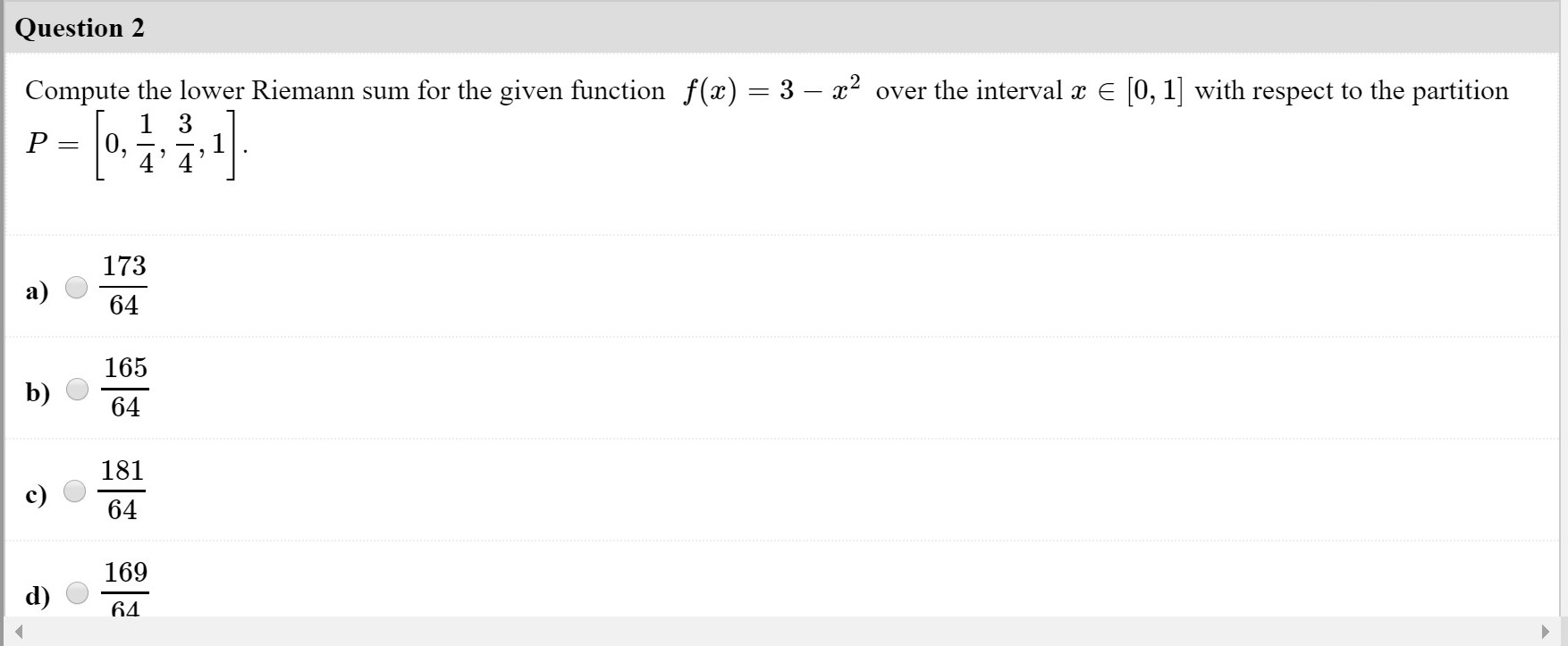 Solved Question 2 Compute the lower Riemann sum for the | Chegg.com