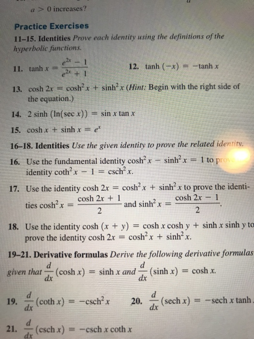 Solved a >0 increases? Practice Exercises 11-15. Identities | Chegg.com