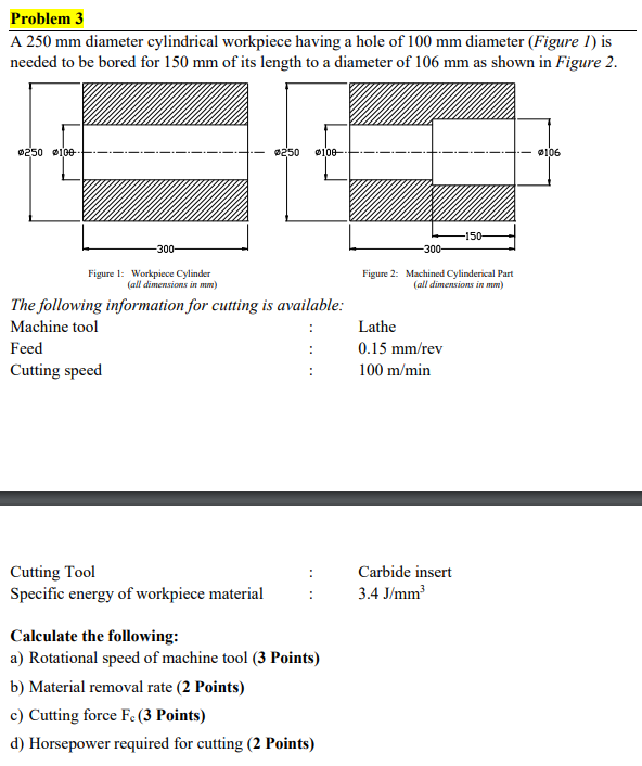 Solved A 250 mm diameter cylindrical workpiece having a hole | Chegg.com