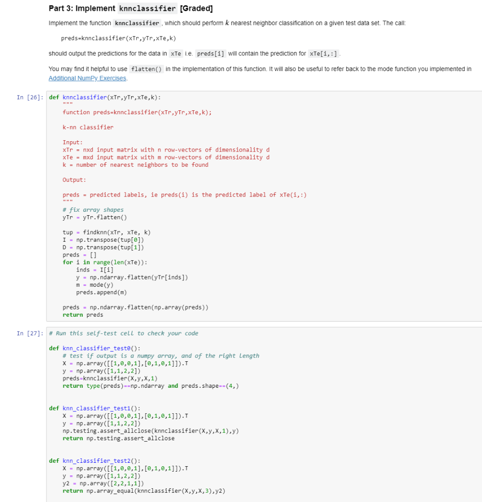 Part 3: Implement knnclassifier [Graded] Implement | Chegg.com