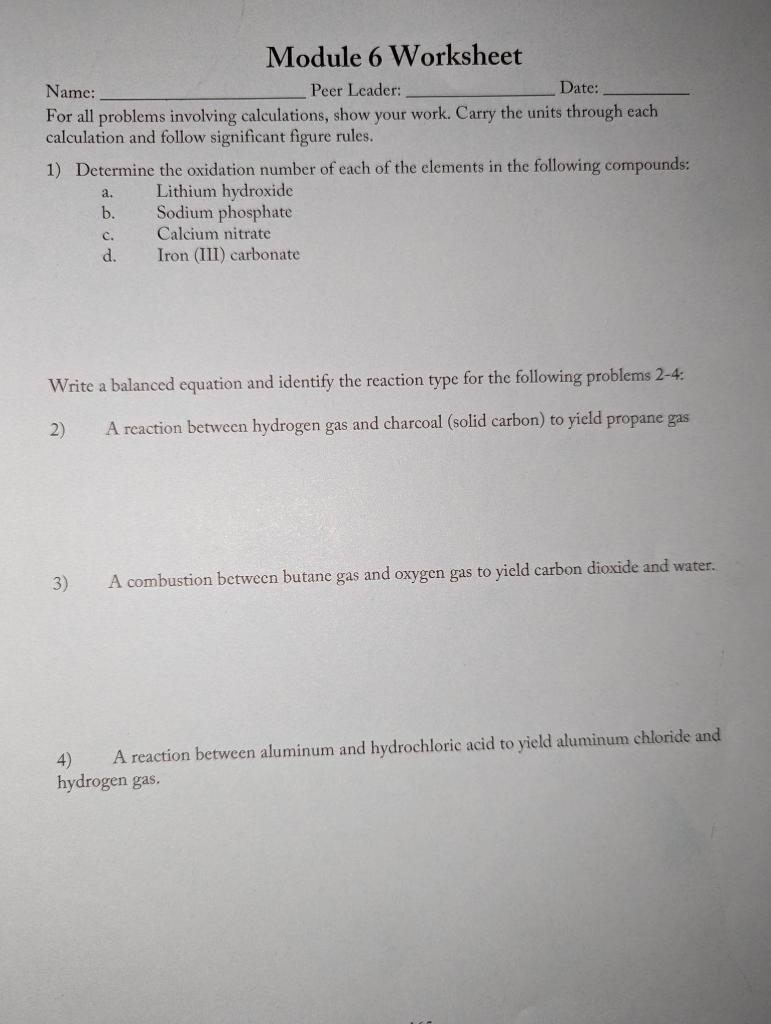 Solved Module 6 Worksheet Name: Peer Leader: Date: For all | Chegg.com