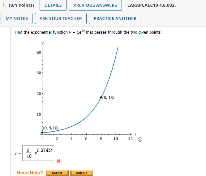 Solved Find the exponential function y=Cekt that passes | Chegg.com
