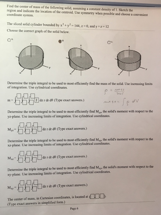Solved Find the center of mass of the following solid, | Chegg.com