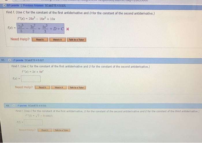 Solved s SCalcET8 4.9.025 Find f. (Use C for the constant of | Chegg.com